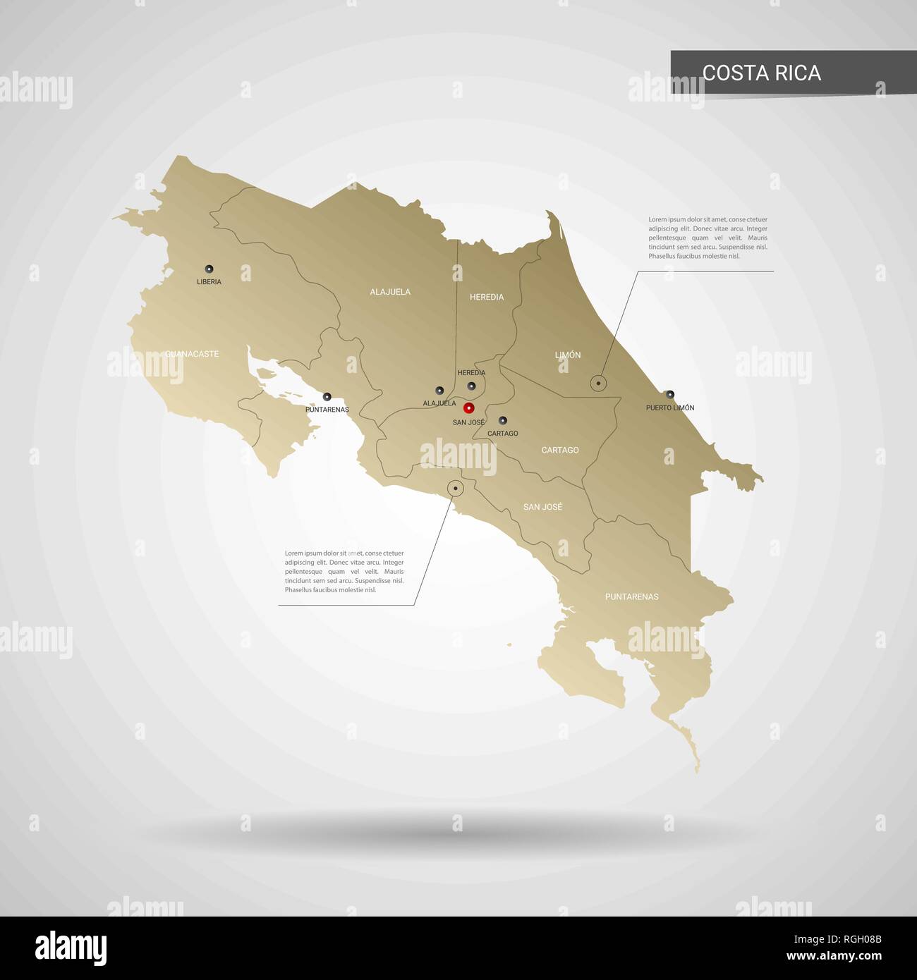 Stylized vector Costa Rica map. Infographic 3d gold map illustration ...