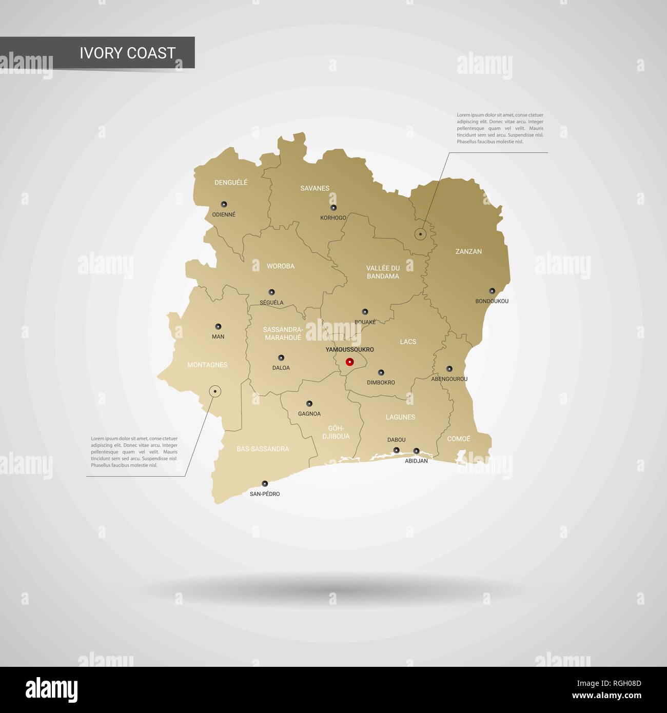 Stylized vector Ivory Coast map. Infographic 3d gold map illustration with cities, borders ...