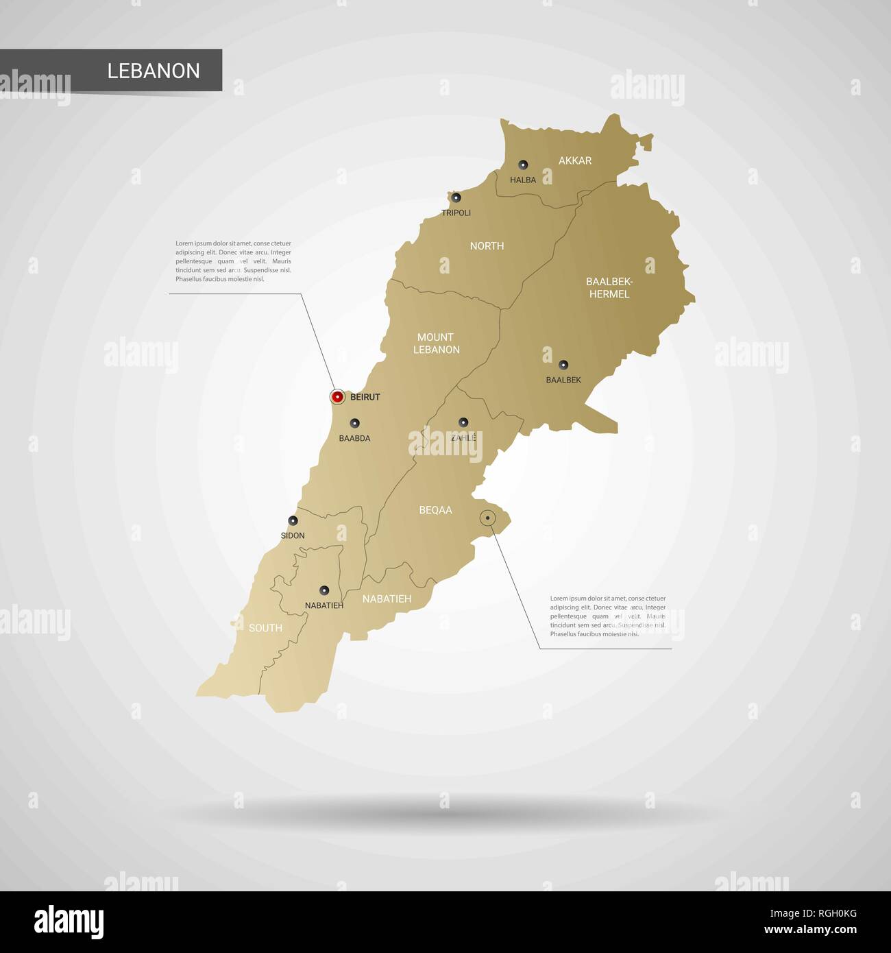 Stylized vector Lebanon map. Infographic 3d gold map illustration with ...