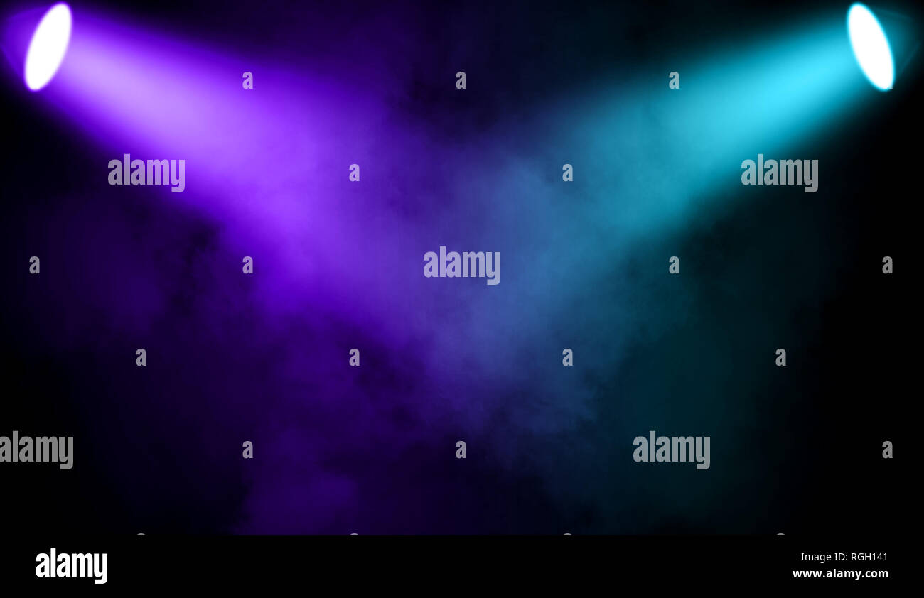 Colorful projector. Spotlight stage with smoke on black background ...