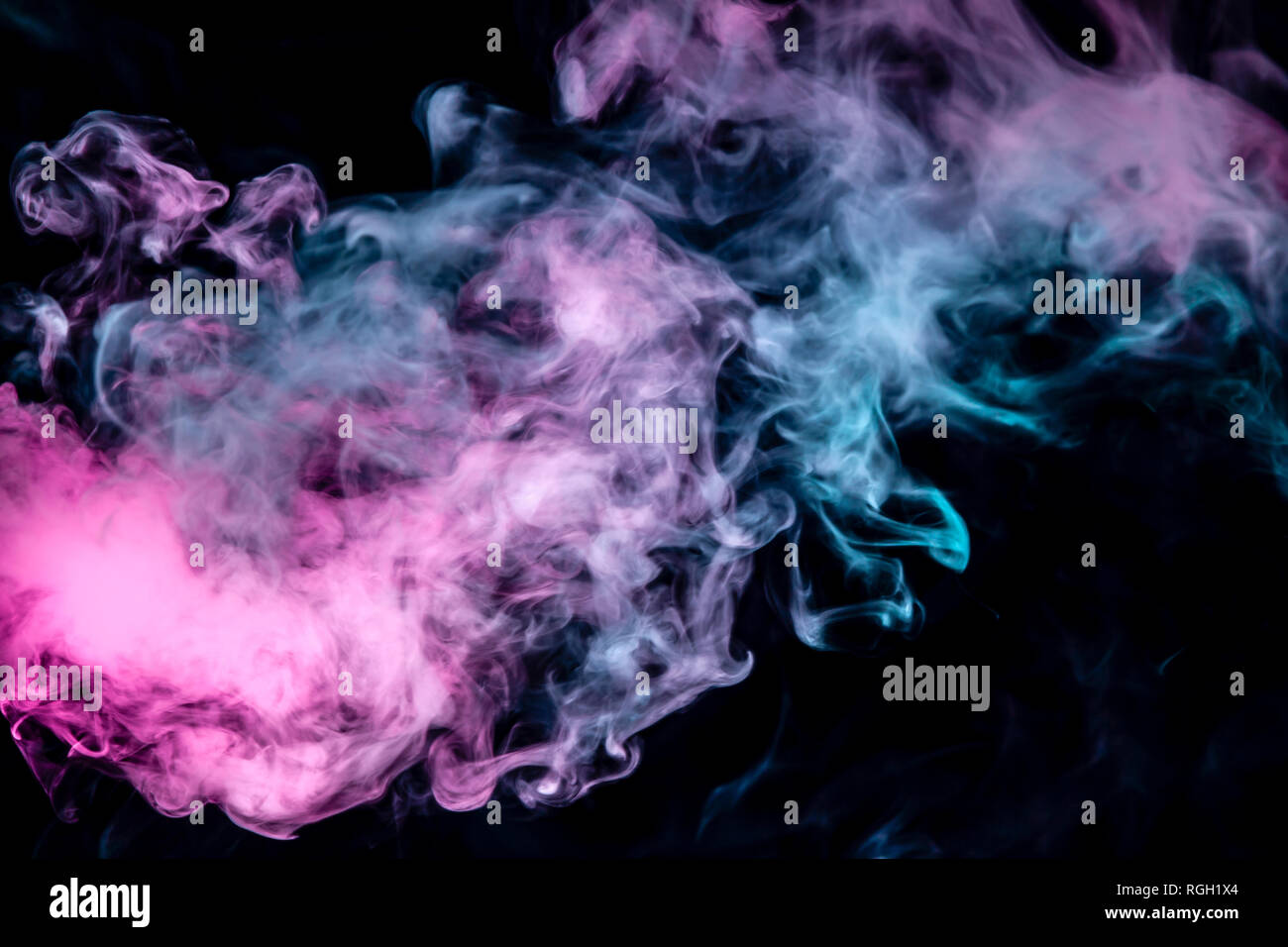 The scattering smoke on a black background smoothly flows in the neon ...