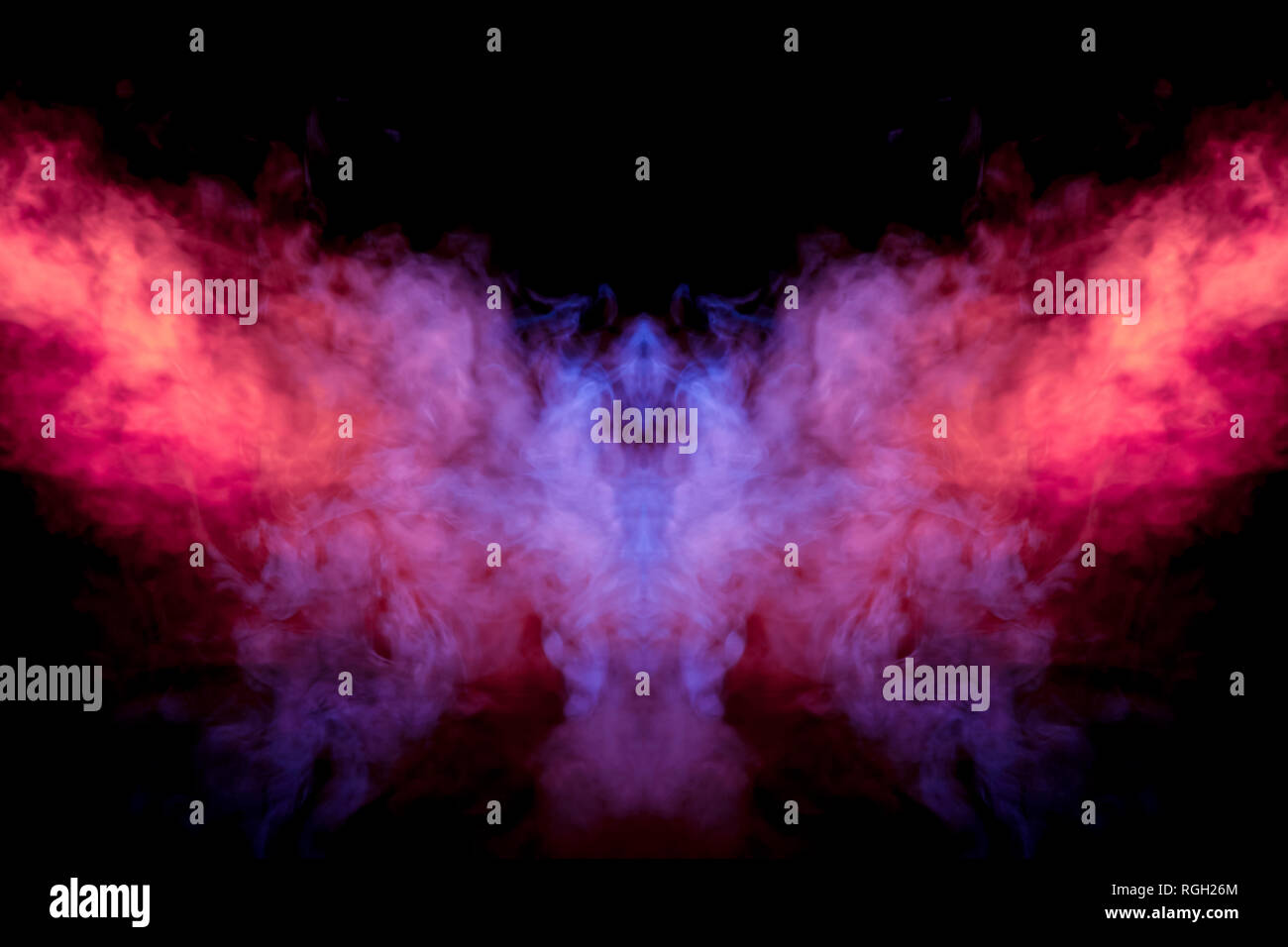 Fiery moth with spread wings on a black background in a neon brightly ...