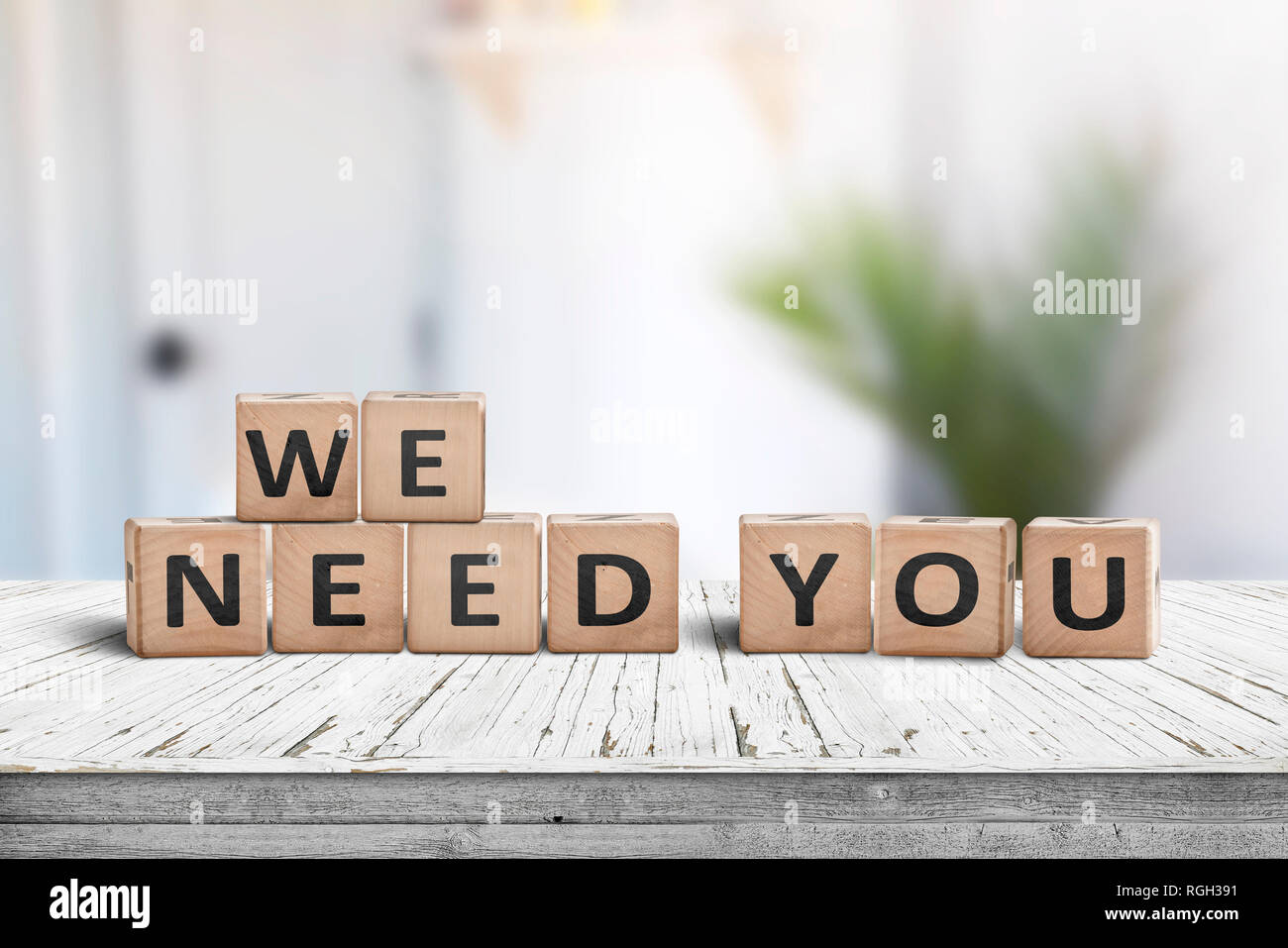 We need you sign on a white table in a bright room with a green plant ...