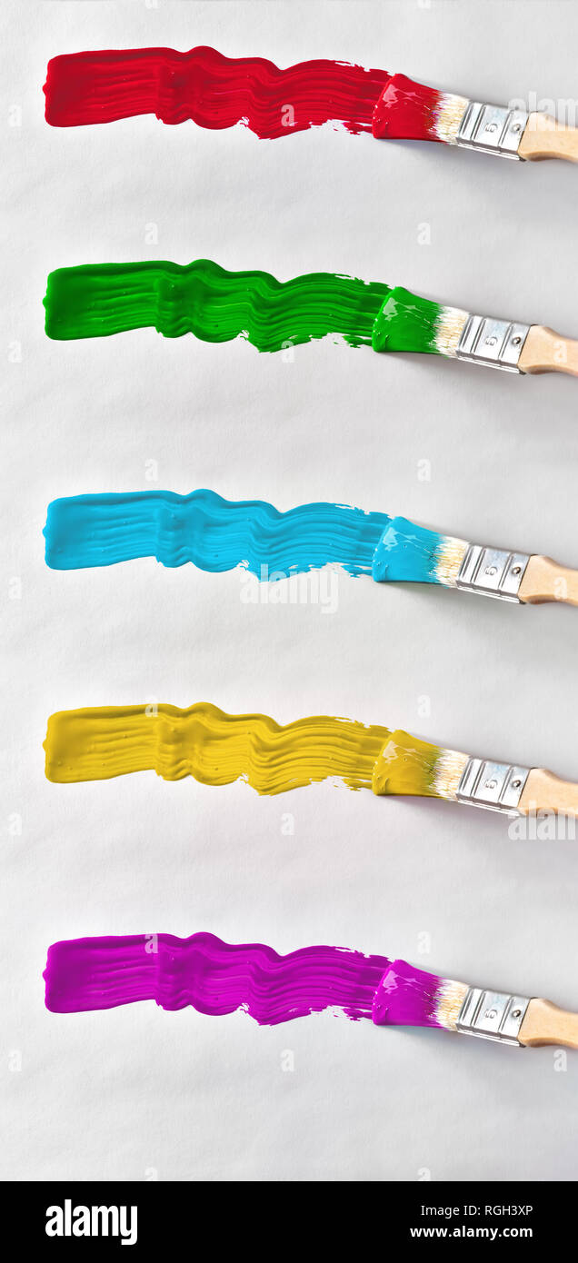 set of five paintbrushes painting on white textured background with ...