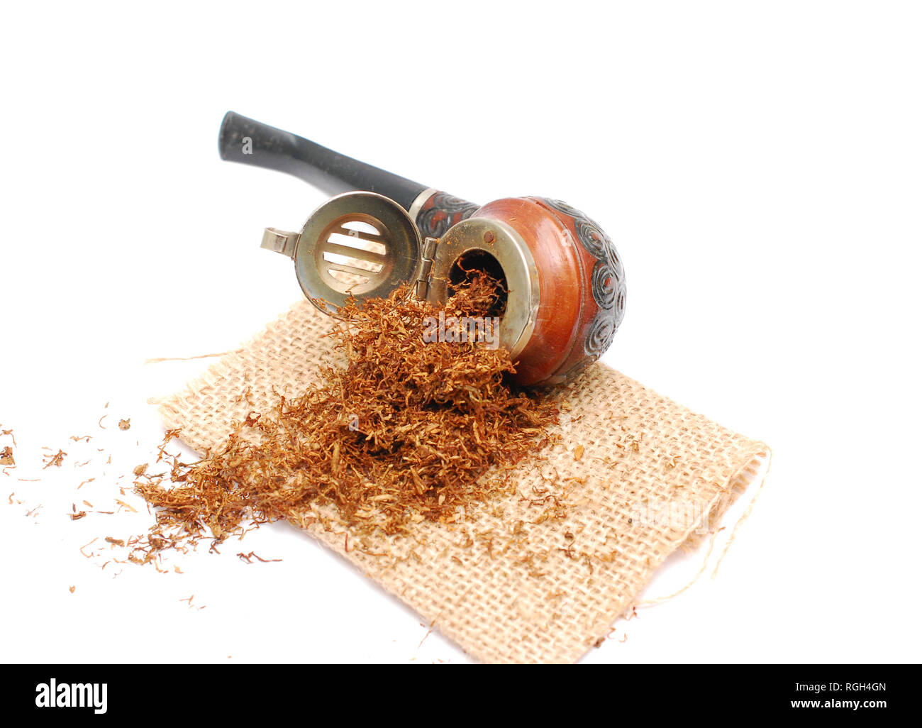 smoking tobacco pipe on small jute bag background, image Stock Photo ...