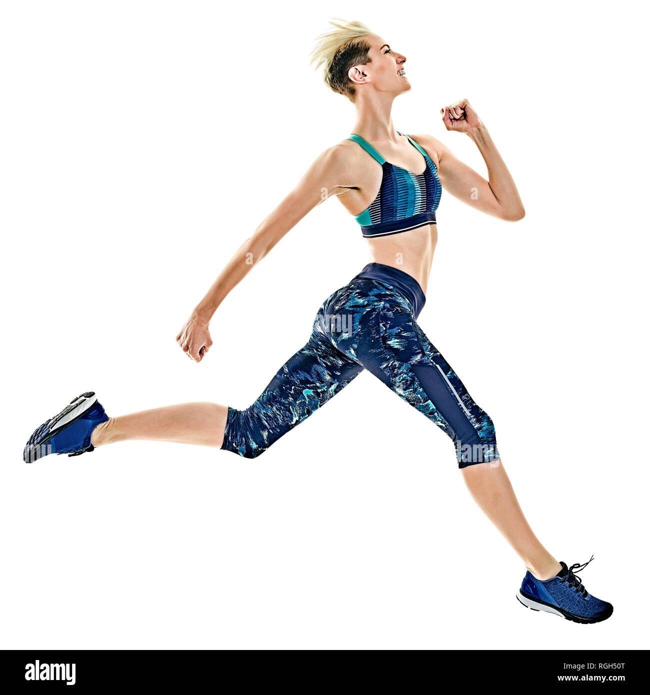 one young caucasian woman runner running jogger jogging studio isolated ...