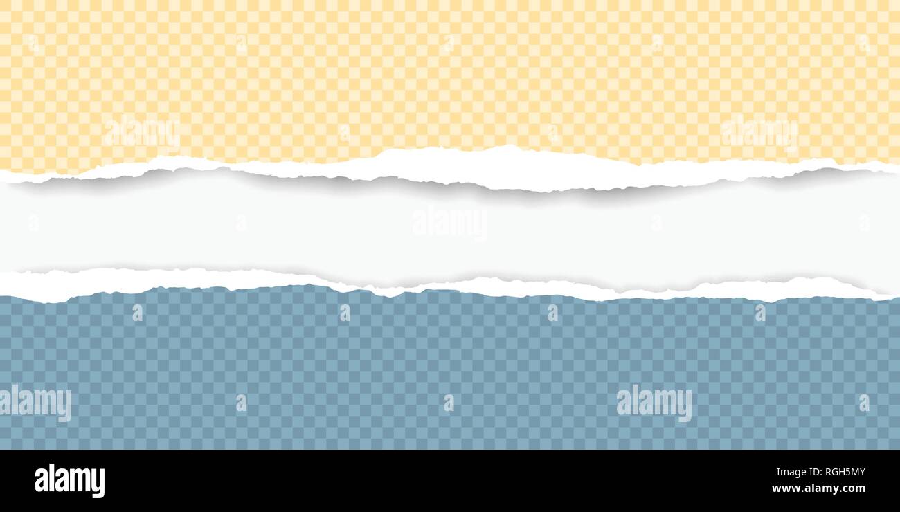 Ripped squared yellow and blue paper for text or message are on white ...