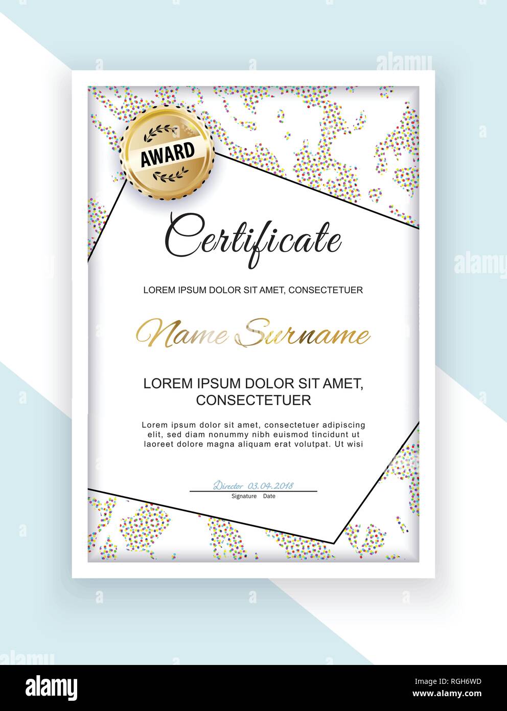Official white certificate with pogygonal design elements, halftone ...