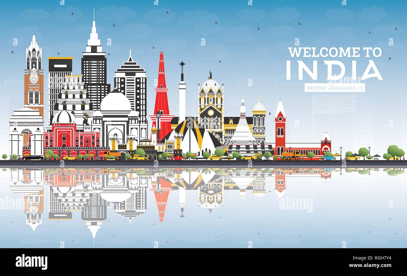 Welcome to India City Skyline with Color Buildings, Blue Sky and Reflections. Delhi. Mumbai ...