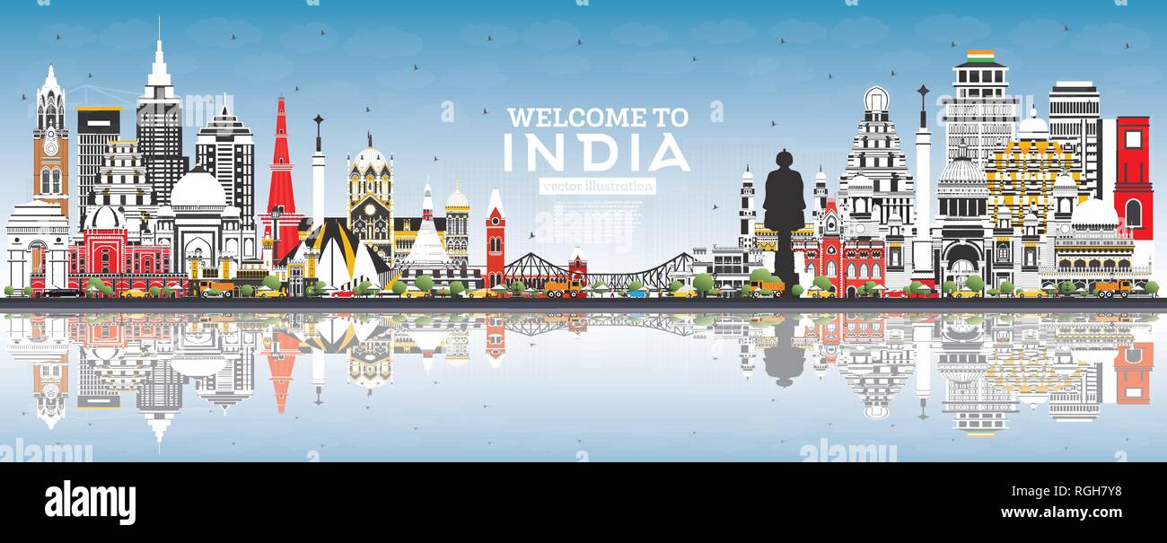 Welcome to India City Skyline with Color Buildings, Blue Sky and ...