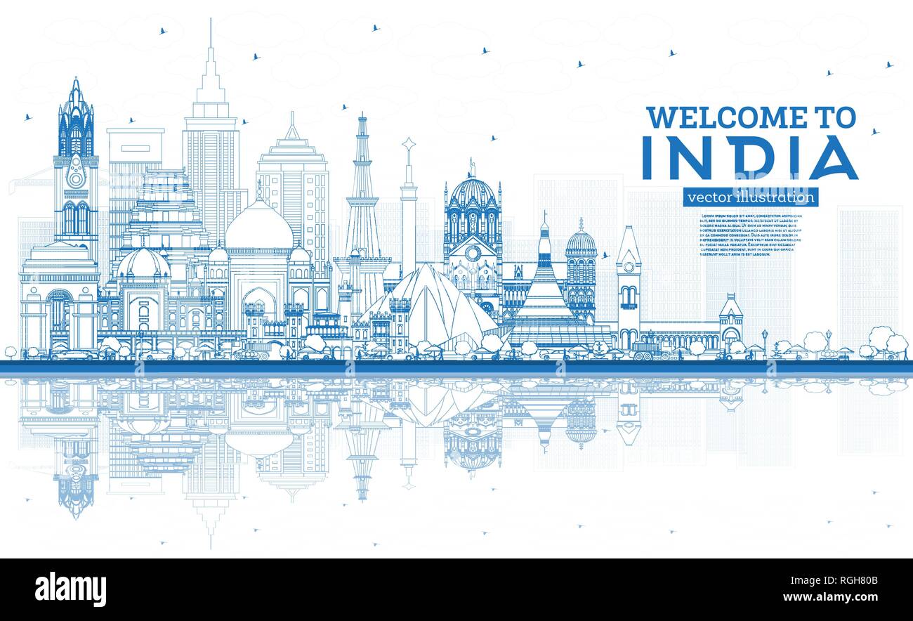 Outline Welcome to India City Skyline with Blue Buildings and Reflections. Delhi. Mumbai ...