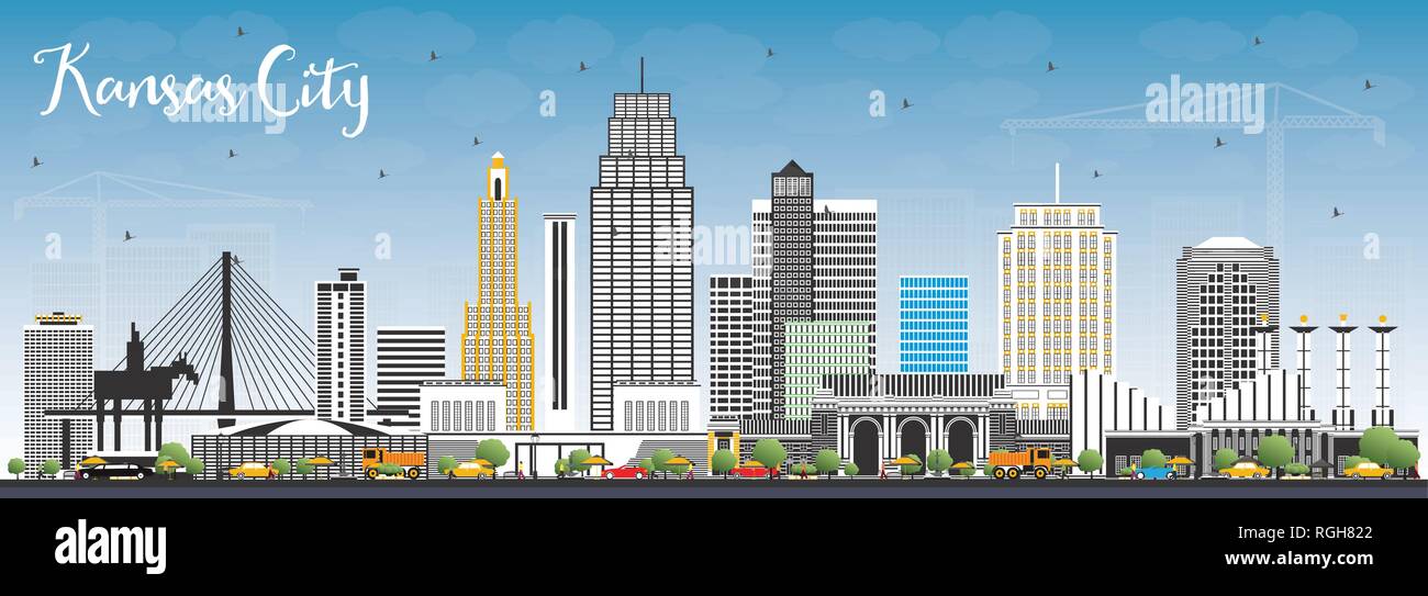 Kansas City Missouri Skyline with Color Buildings and Blue Sky. Vector ...