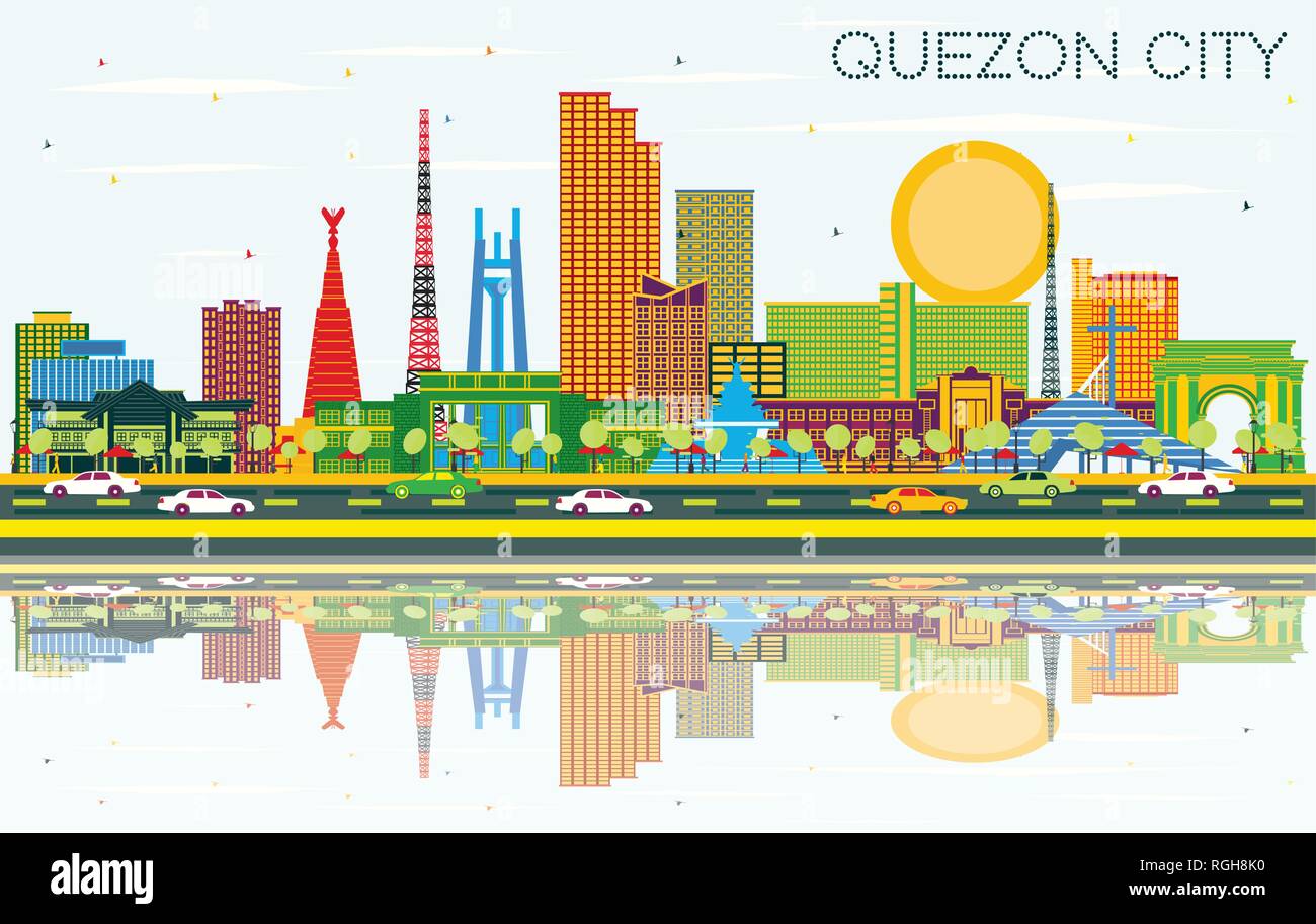 Quezon City Philippines City Skyline with Color Buildings, Blue Sky and ...