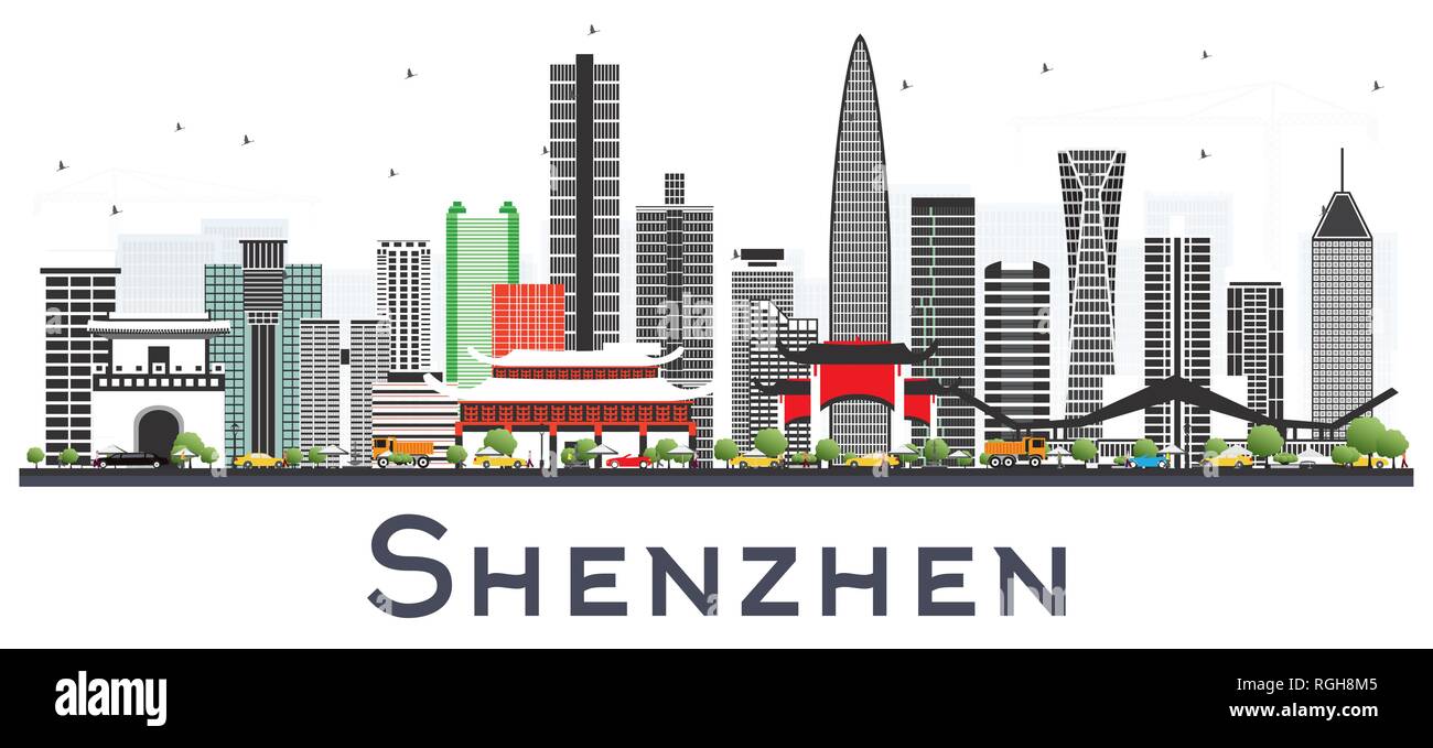 Shenzhen China City Skyline with Color Buildings Isolated on White ...
