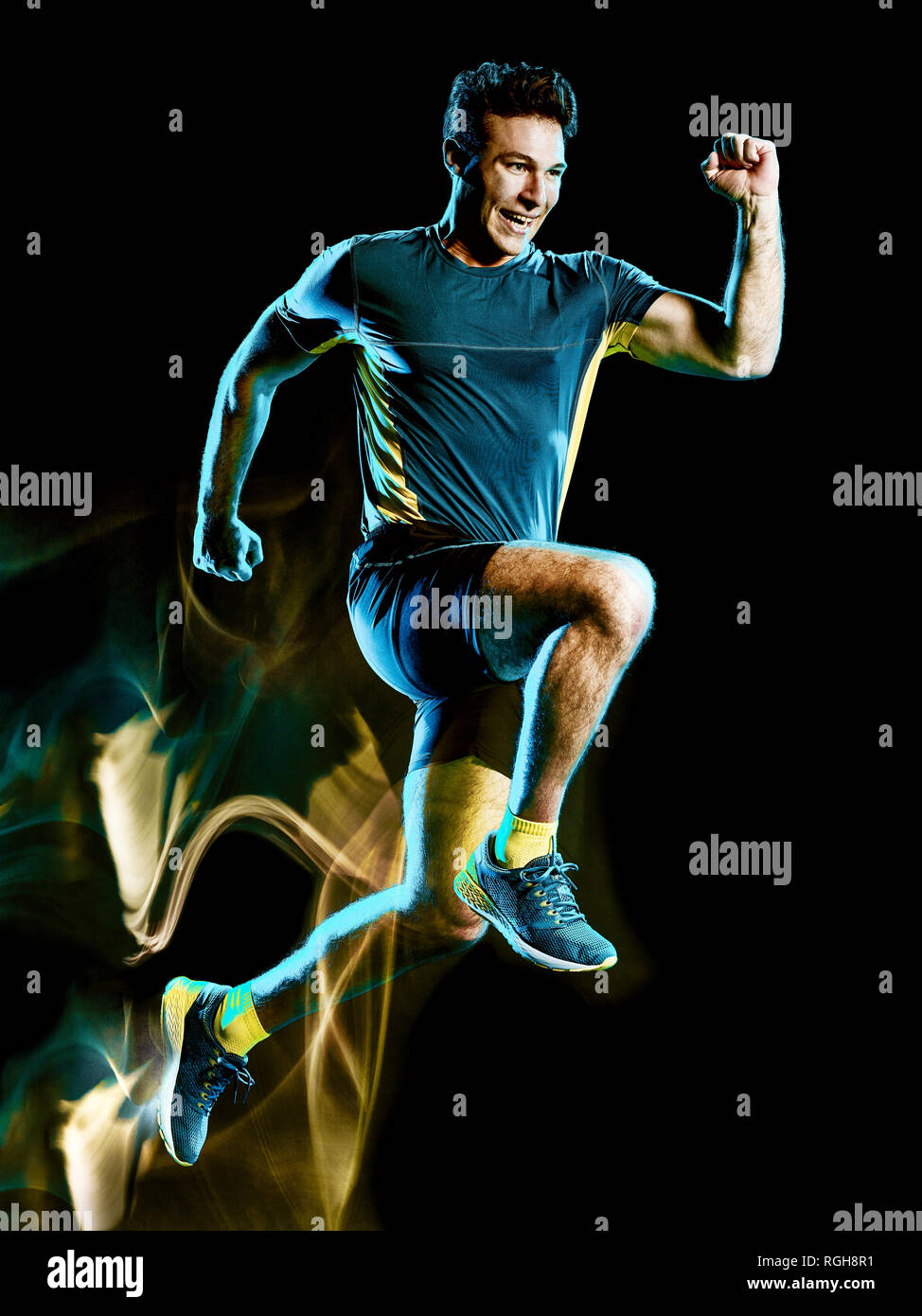 one caucasian runner running jogger jogging man light painting speed ...