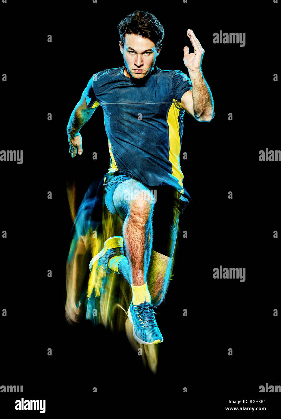 one caucasian runner running jogger jogging man light painting speed ...
