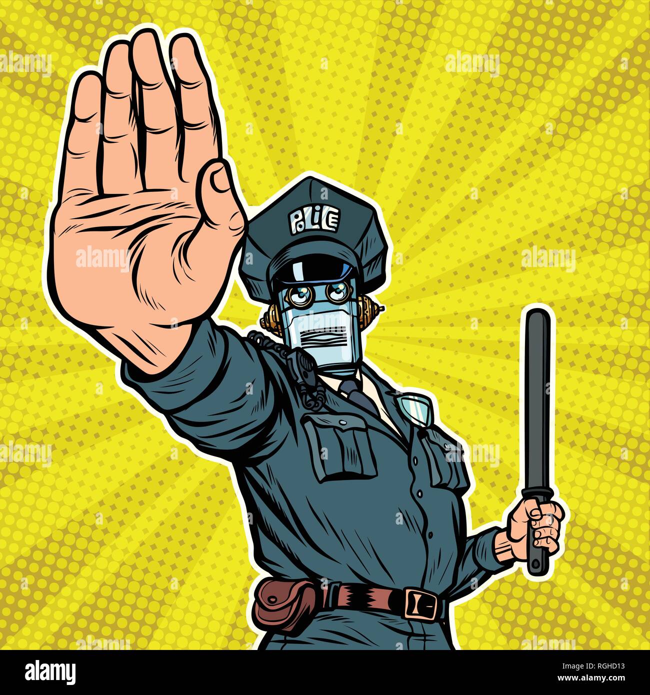 Stop hand gesture. Robot policeman. Pop art retro vector illustration ...