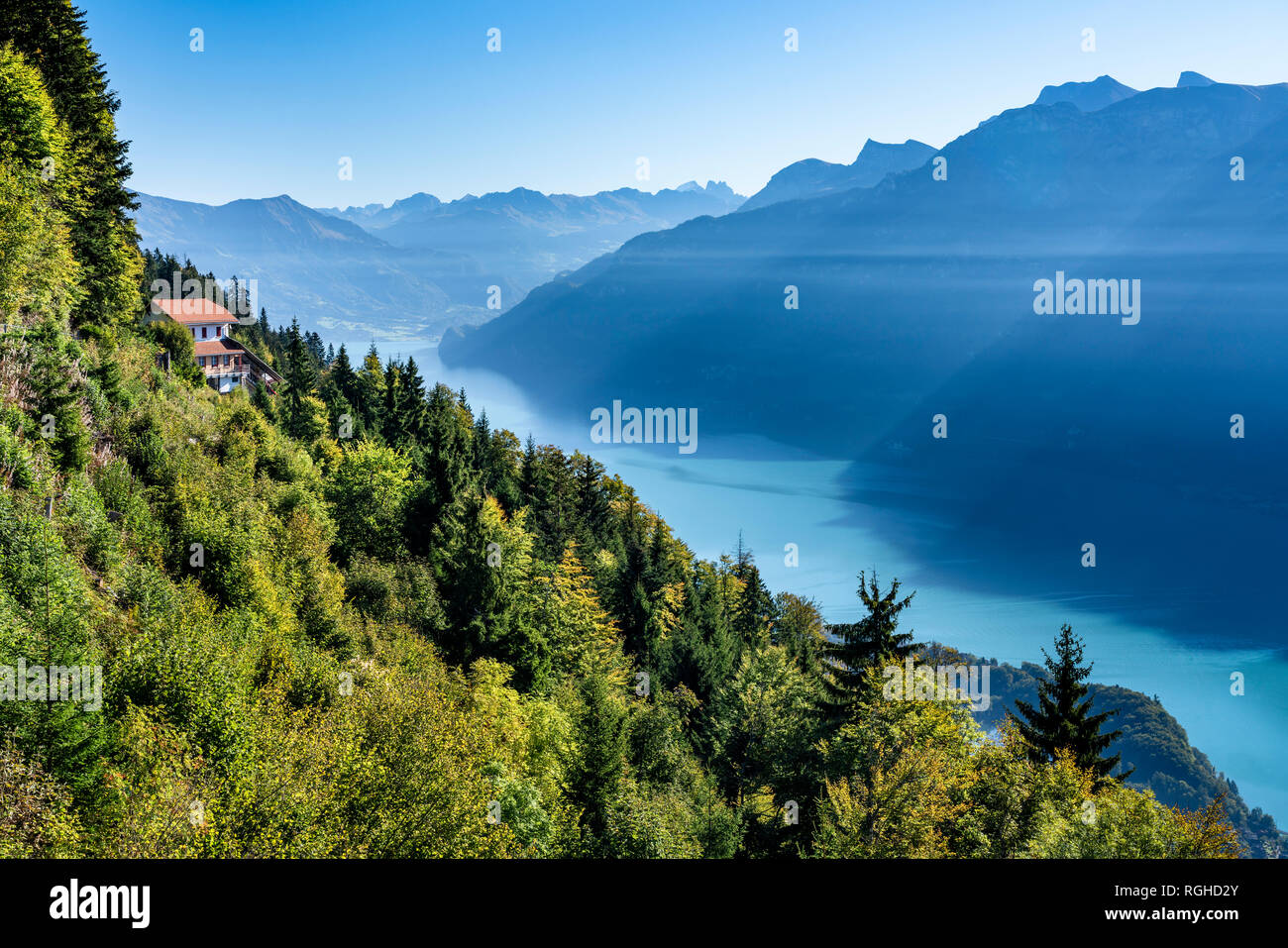 Switzerland, Canton of Bern, Bern Alps, Interlaken, View of Lake Brienz ...