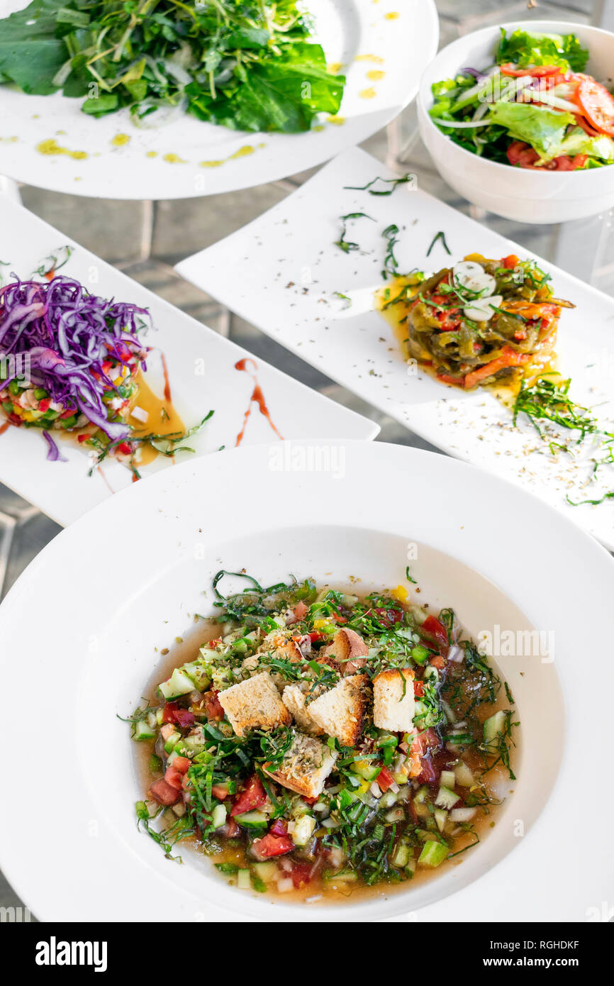 mixed portuguese traditional tapas snacks and salads selection on ...