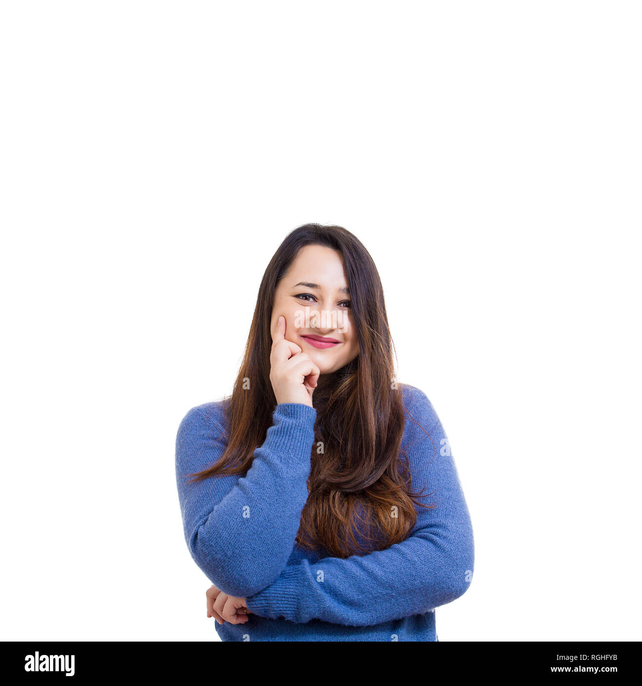 Pleasant casual young woman thinking portrait, smiling to camera ...