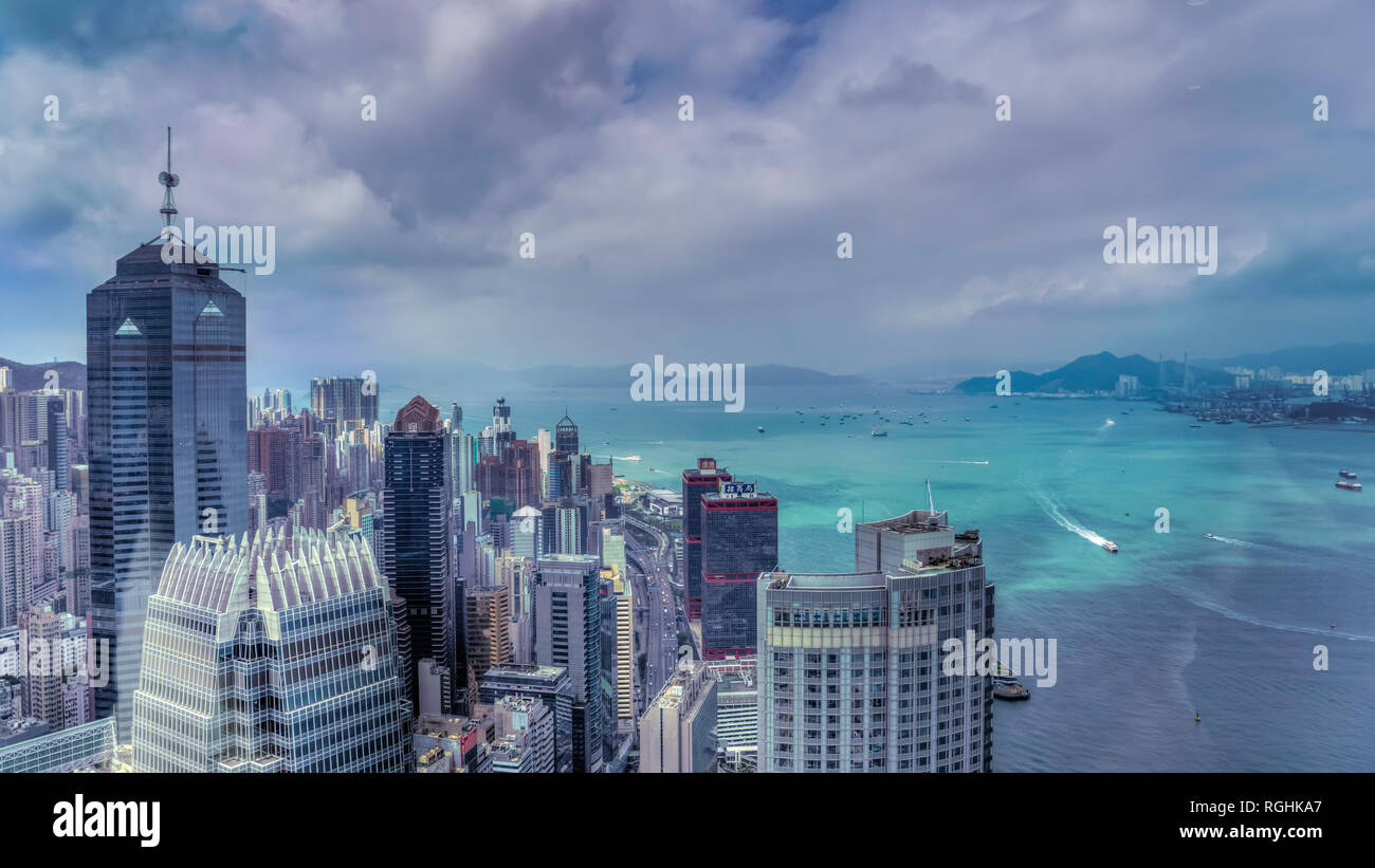 Aerial views of the city skyline from the IFC2 building in Central Hong ...