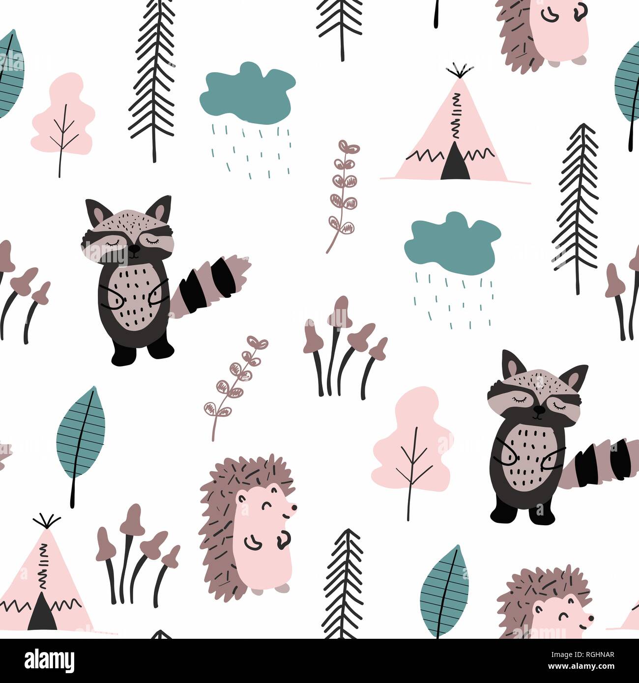 Scandinavian Woodland seamless pattern with raccoon, hedgehog, forest ...