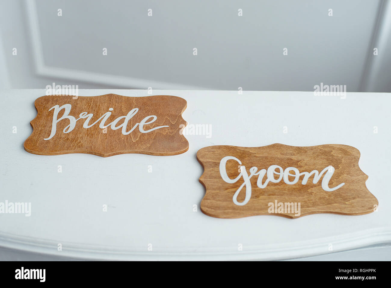 Wedding wooden boards decorations for the bride and groom Stock Photo ...