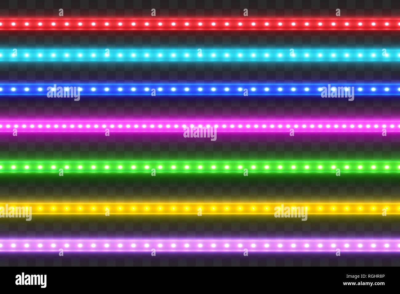 Realistic seamless LED colorful strip set. Decoration illuminated tape ...