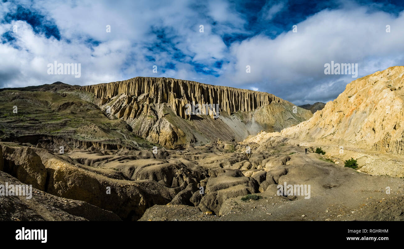 Panoramic aerial view on the barren landscape of Upper Mustang ...