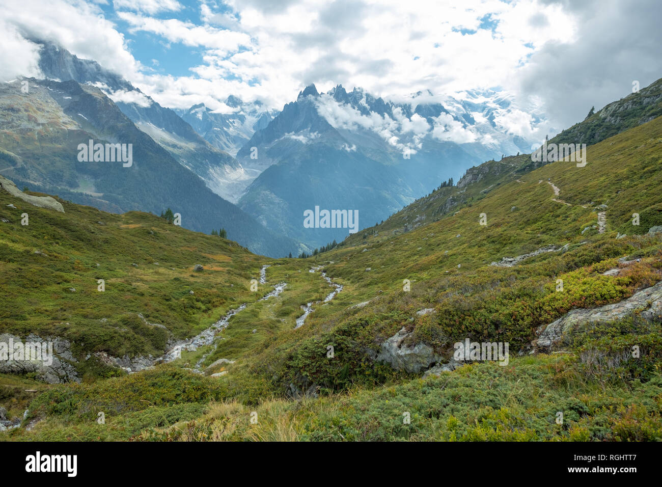 Looking down grassy high alpine meadows with small creeks and hiking ...