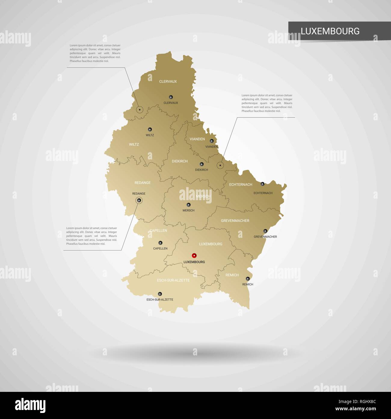 Stylized vector Luxembourg map. Infographic 3d gold map illustration ...