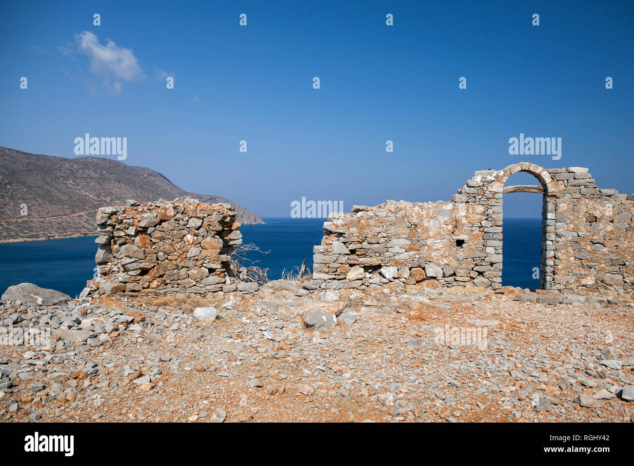 The historic walls of the museum on the island of Spinalonga. Kalydon ...