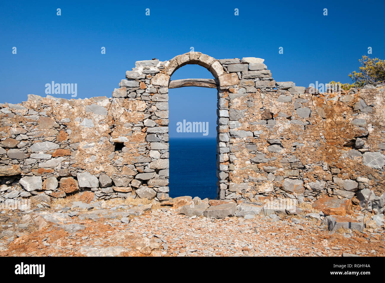 The historic walls of the museum on the island of Spinalonga. Kalydon ...
