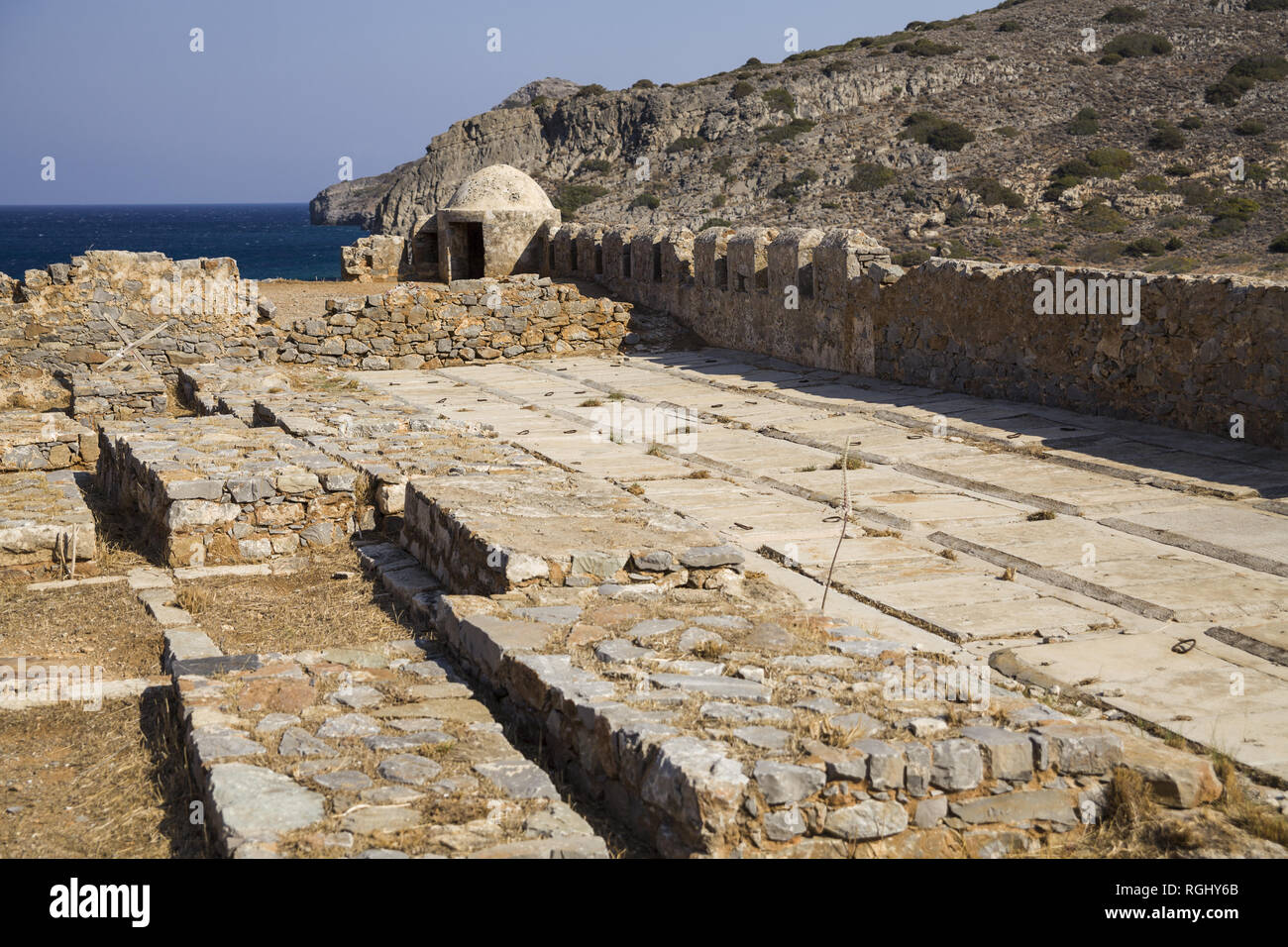 Old historic cemetery under the Spinalonga fortress. Greek ancient ...