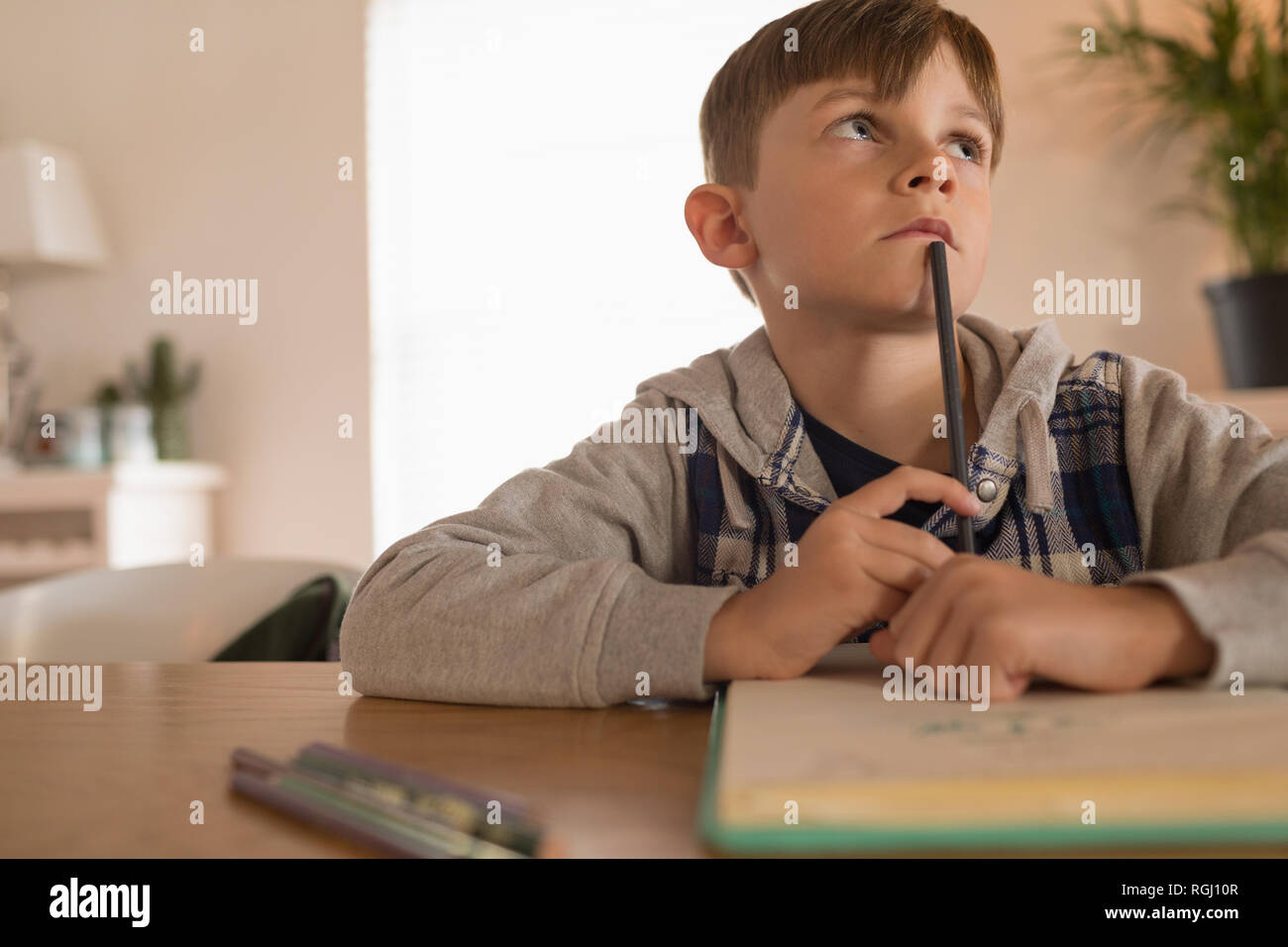 Boy doing his homework at home Stock Photo - Alamy