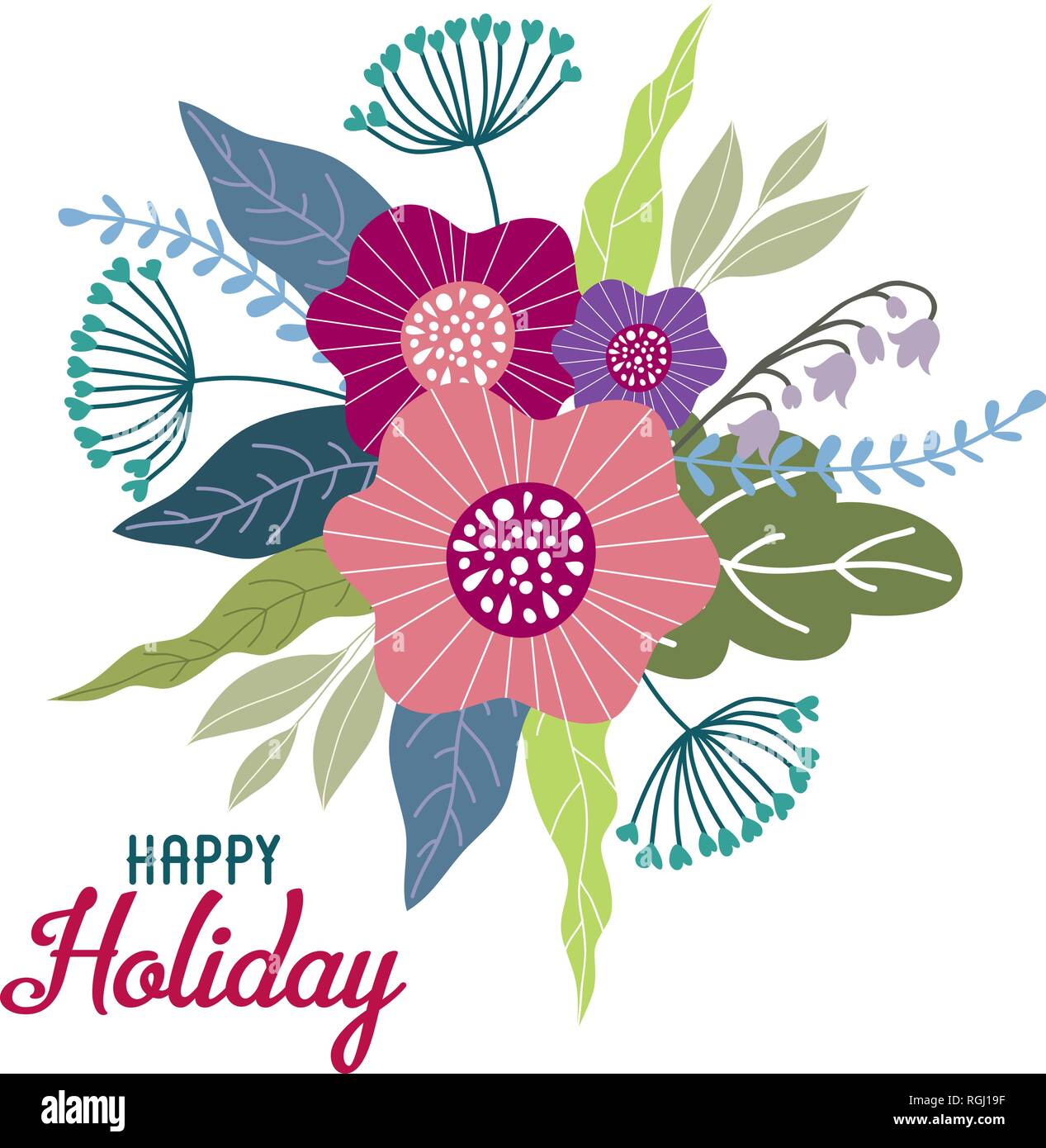 Happy holiday. Floral hand draw design concept, Bouquet with cute field ...