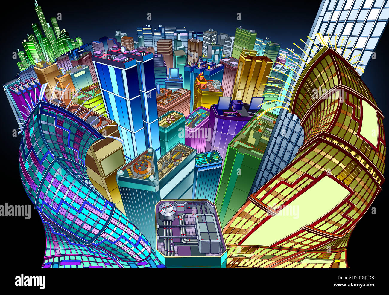 Panorama of a large, stylized metropolis from above at night ...