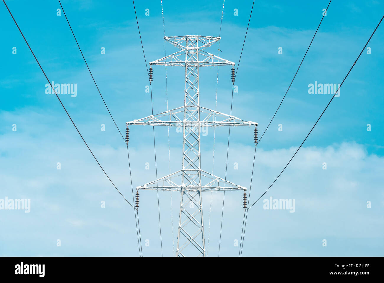 Frozen electricity pylon, power and energy industrial concept Stock ...