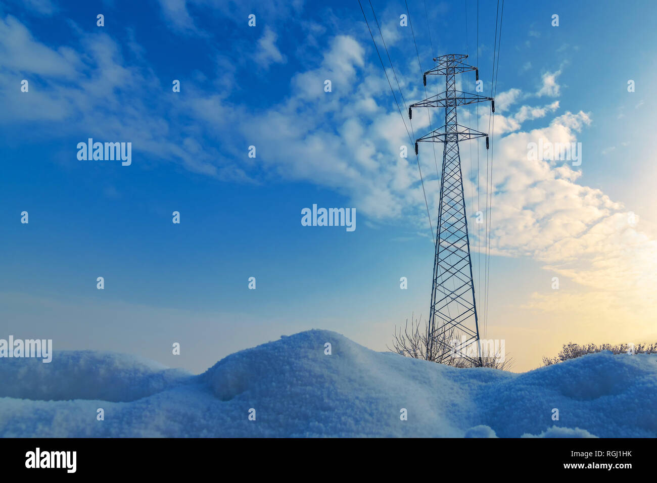 Frozen electricity pylon, power and energy industrial concept Stock ...