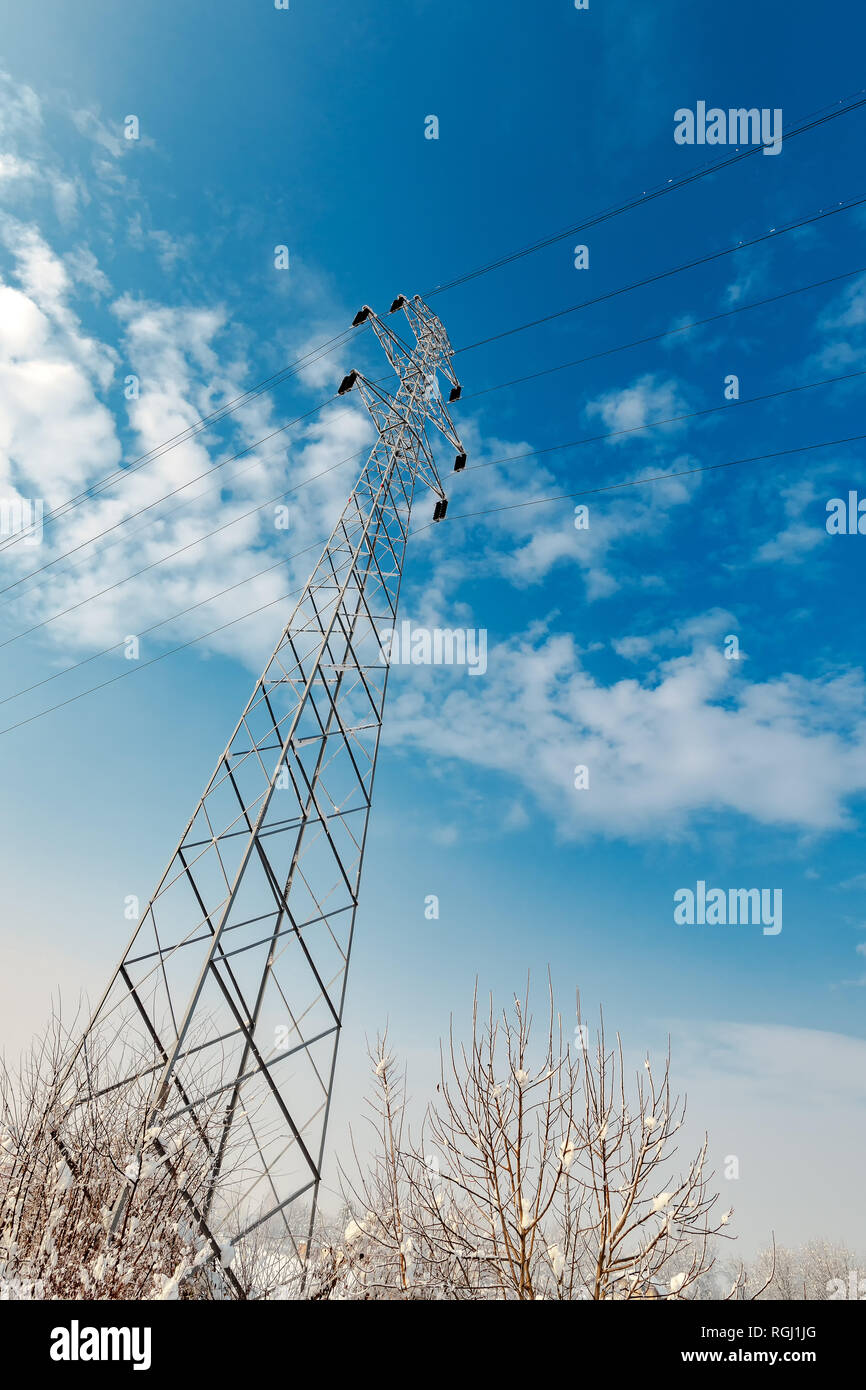 Frozen electricity pylon, power and energy industrial concept Stock ...