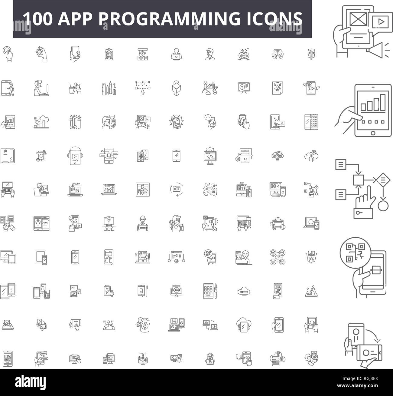 App programming editable line icons, 100 vector set, collection. App ...