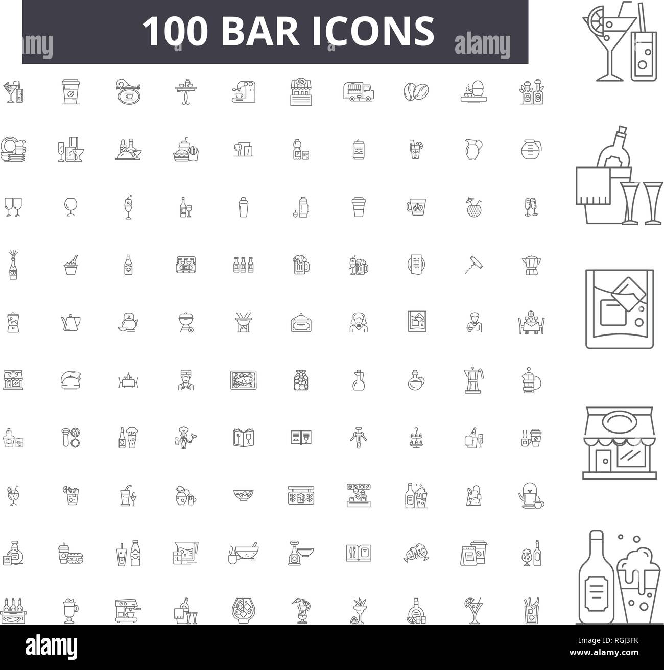 Bar editable line icons, 100 vector set, collection. Bar black outline ...