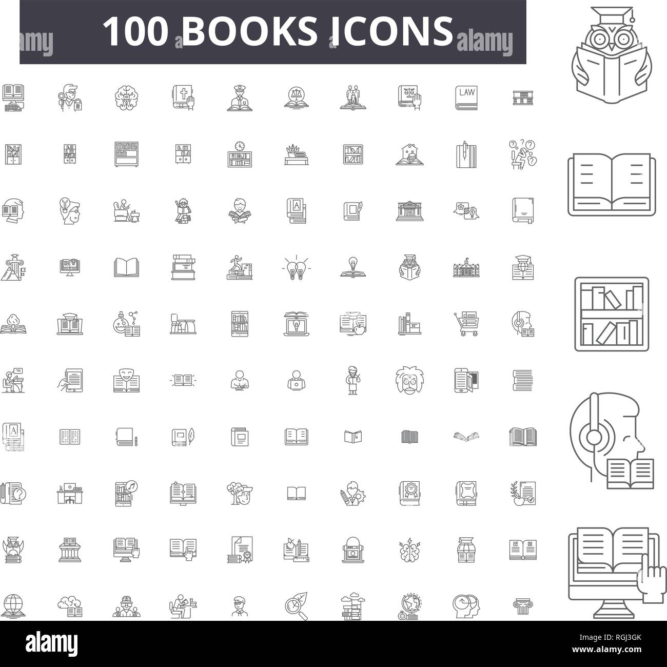 Books editable line icons, 100 vector set, collection. Books black ...