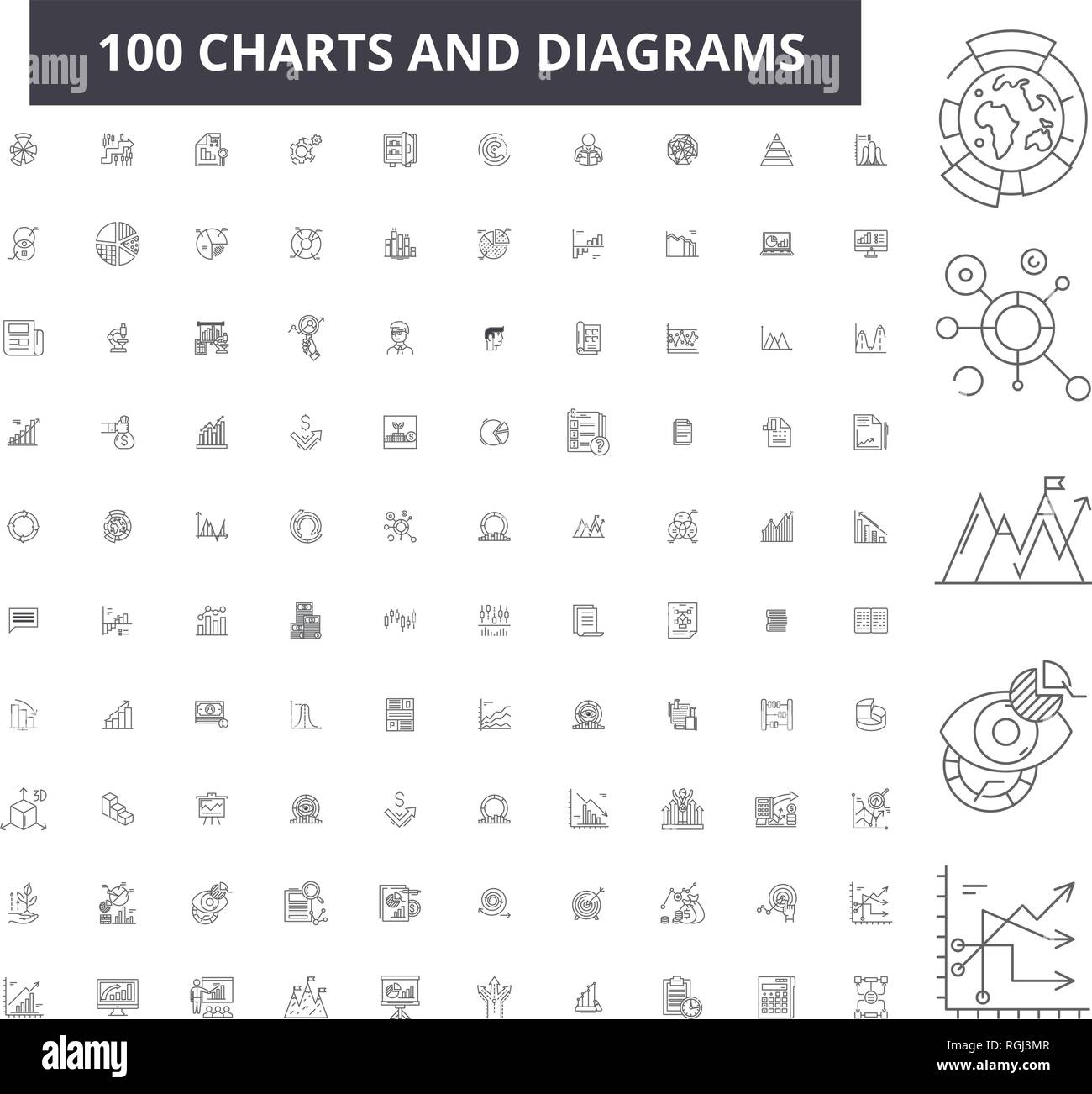 Charts and diagrams editable line icons, 100 vector set, collection ...