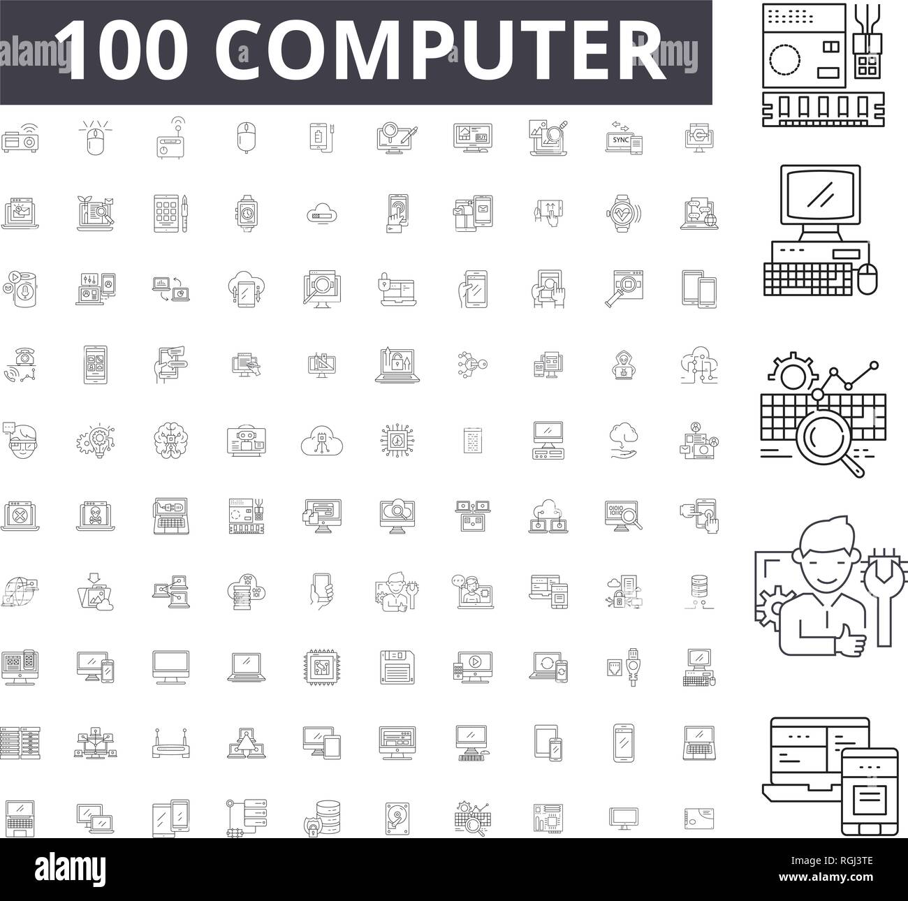 Computer editable line icons, 100 vector set, collection. Computer ...