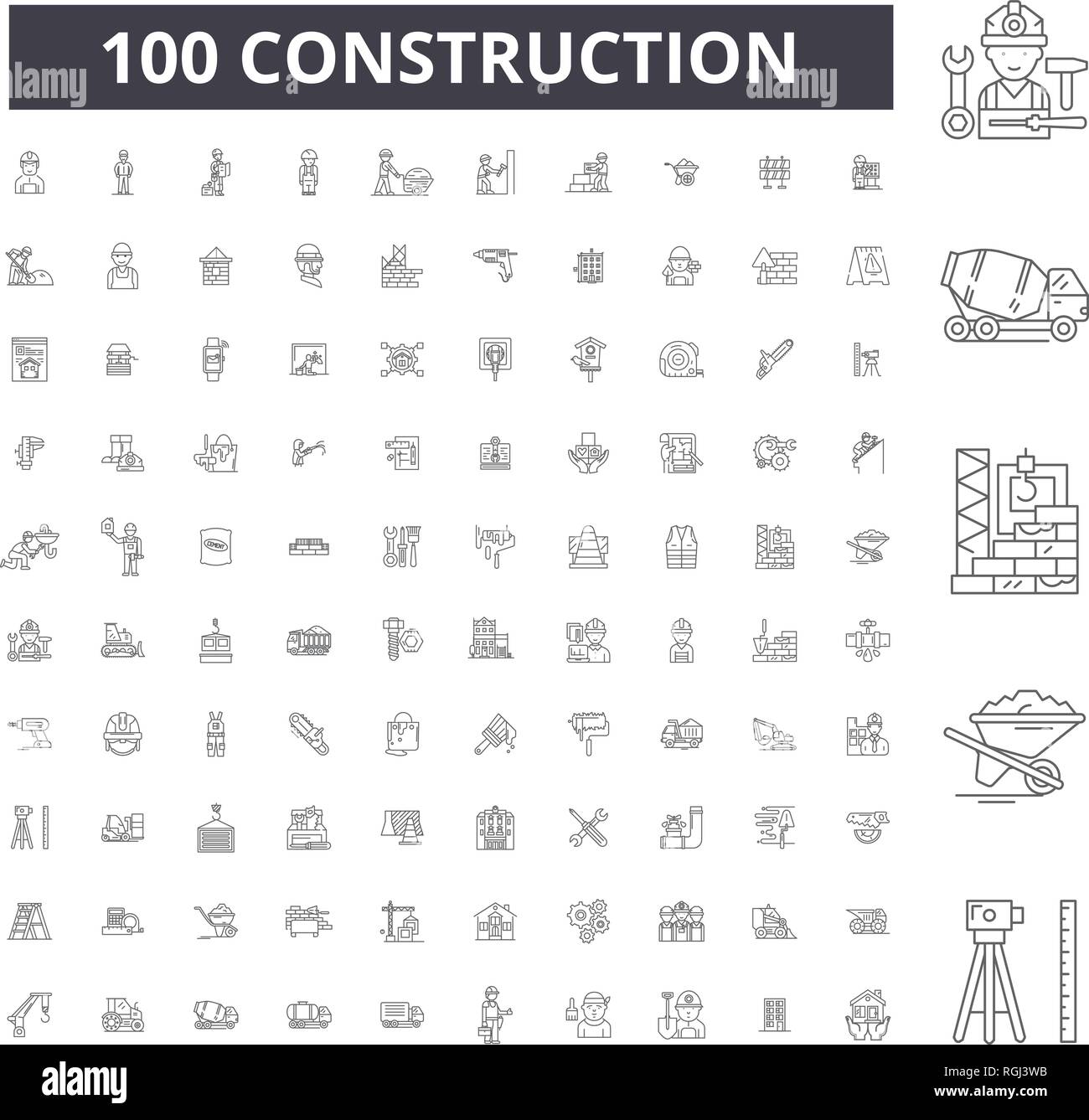 Construction editable line icons, 100 vector set, collection ...