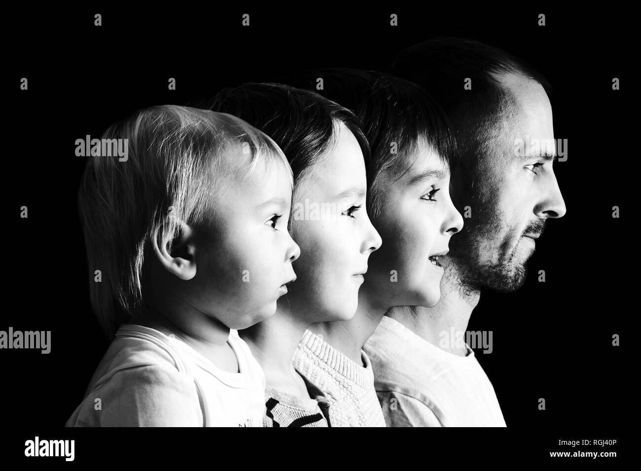 Family portrait of father and three boys, profile picture of them all ...