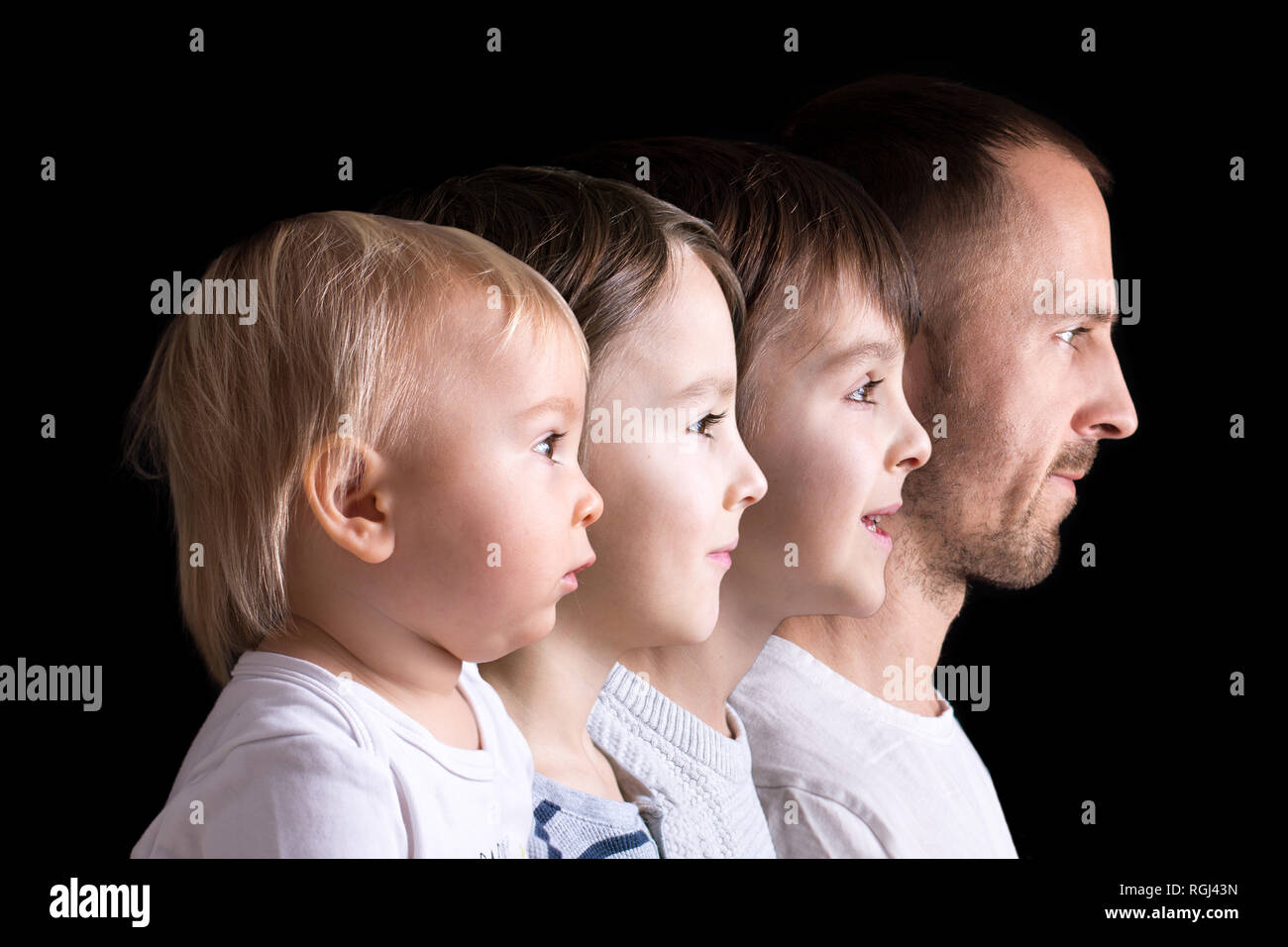 Family portrait of father and three boys, profile picture of them all ...