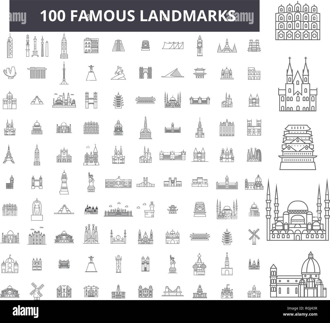 Famous landmarks editable line icons, 100 vector set, collection ...