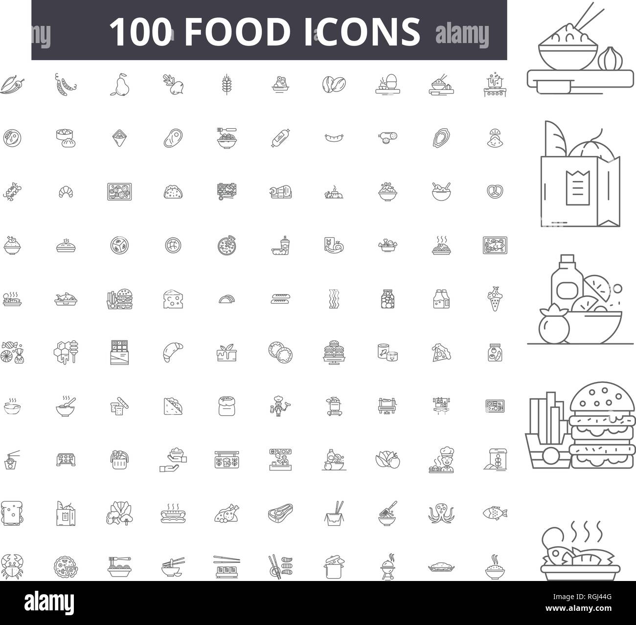 Food editable line icons, 100 vector set, collection. Food black ...